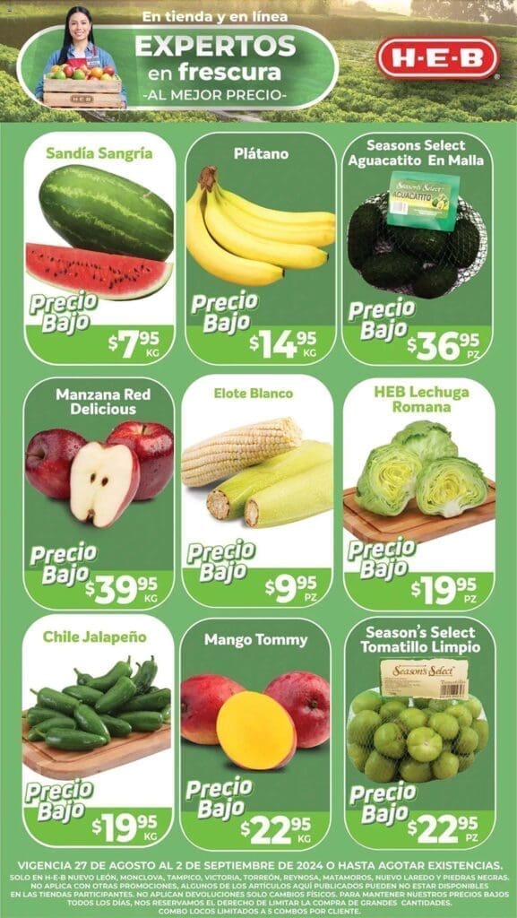 Folleto HEB precios bajos en frutas y verduras del 27 de agosto al 2 de ...